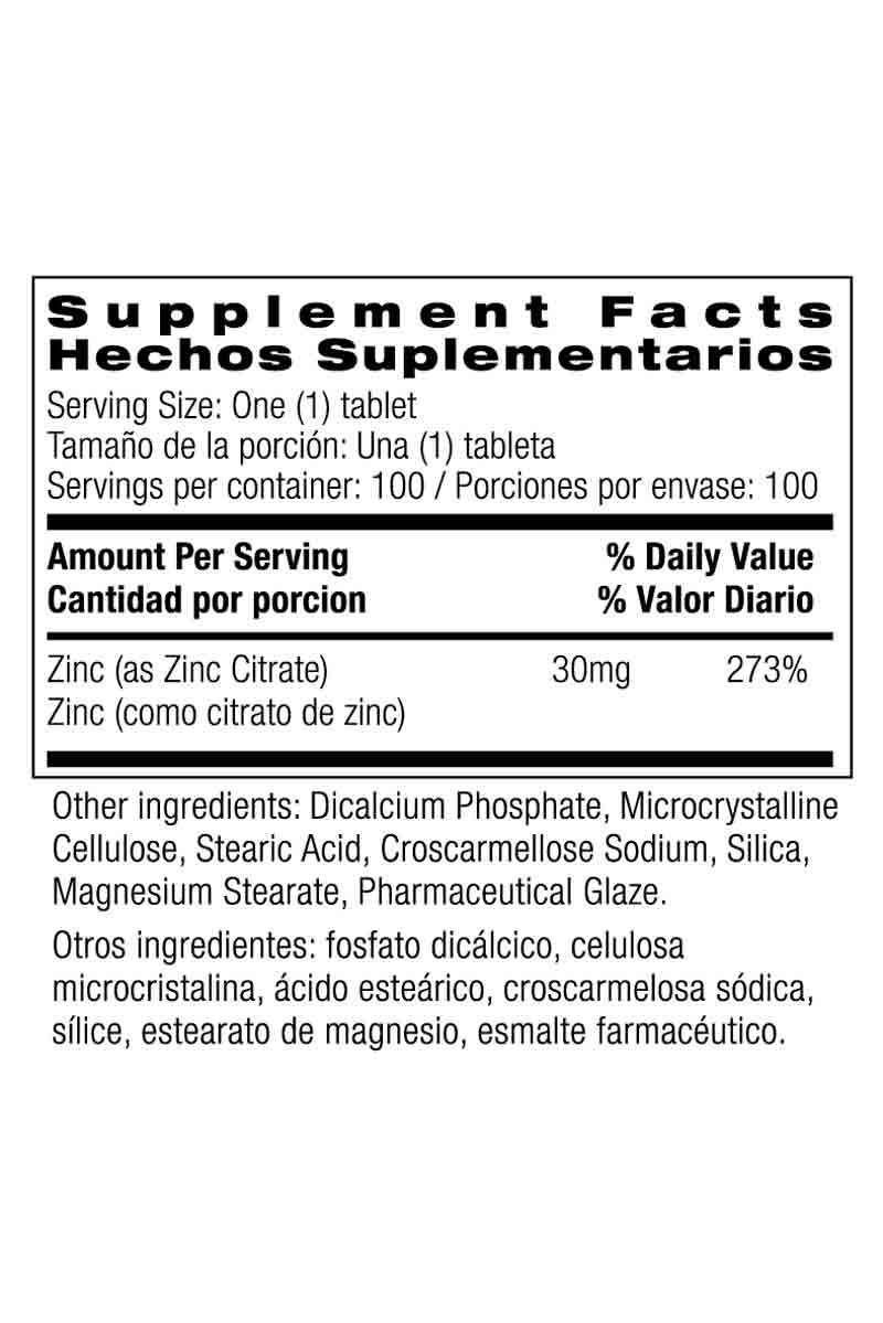 Bio Nutrition Zinc Citrate 30 mg 100 Tabletas – Almacén Madeira