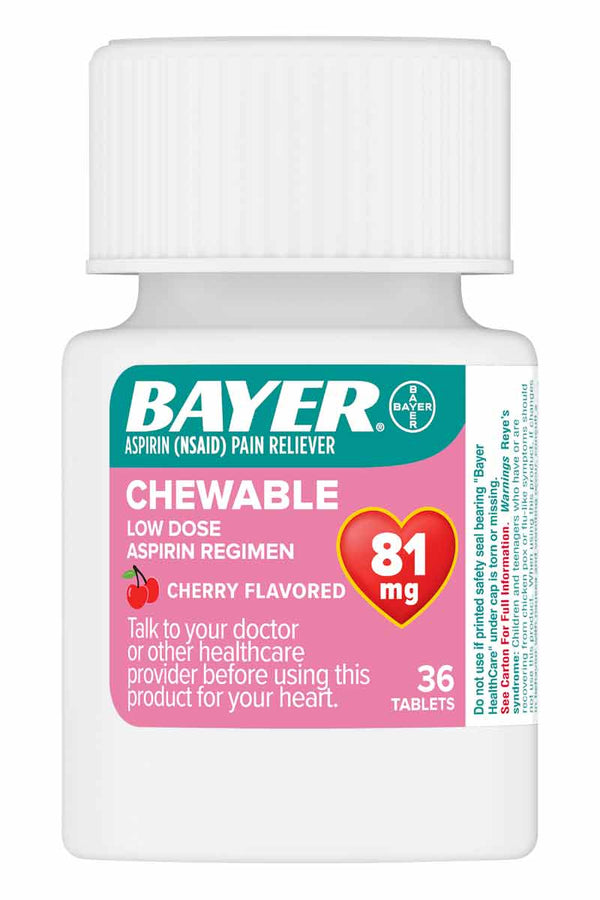 Bayer Aspirin Chewable Cherry Flavored 81 mg 36 tabletas - Almacén Madeira
